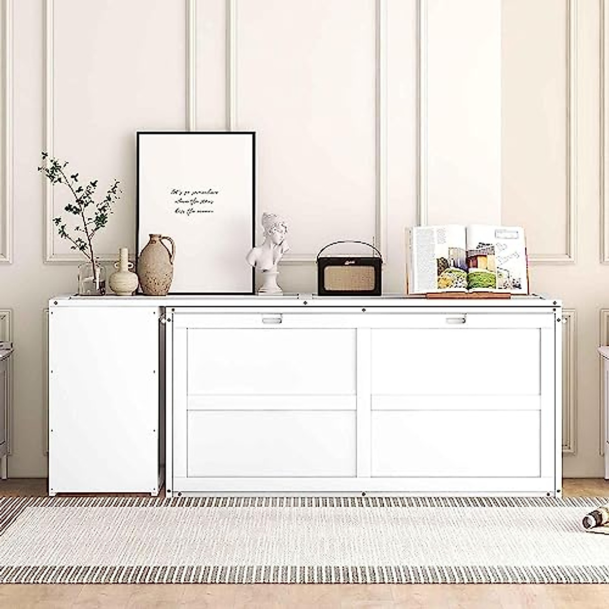 DNYN Queen Size Murphy Bed with Storage Shelves & Rotable Desk & Cabinet Design,Solid Wood Bedframe,Space Saving & No Box Spring Need,Perfect for Livingroom,Guestroom,Bedroom, White