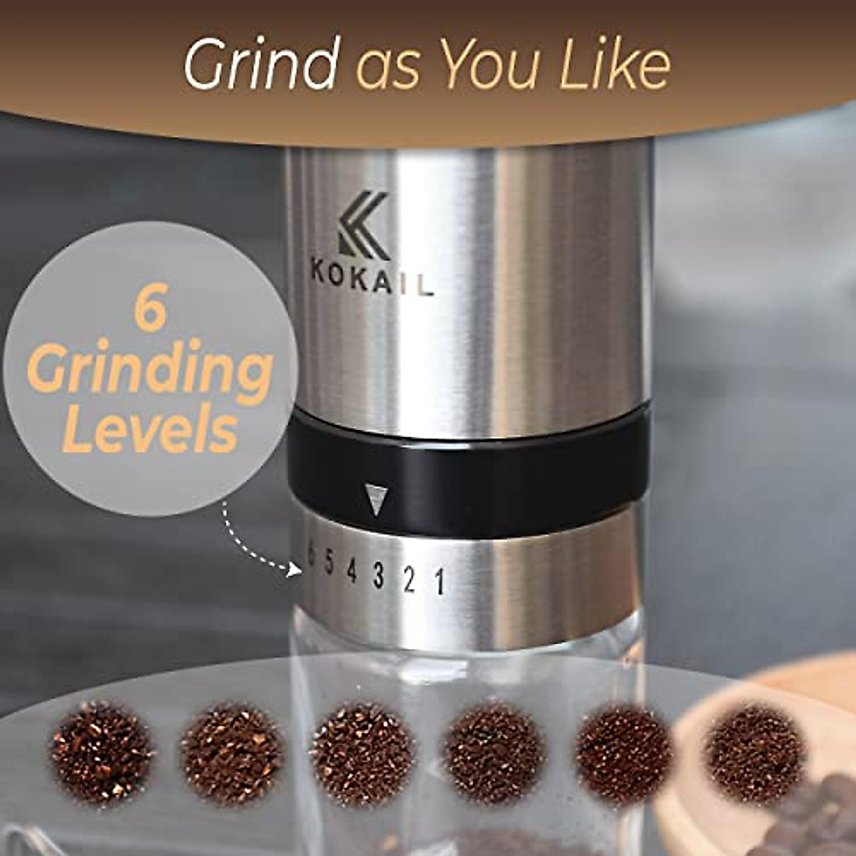 KOKAIL Manual Coffee Grinder | Hand Coffee Grinder with Crank Handle Wood Knob having 6 Adjustable Grind Settings, Includes Extra Glass Jar, Velvet Storage Bag, Spoon & Cleaning Brush