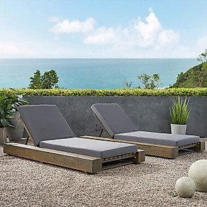 Great Deal Furniture Outdoor Acacia Wood Chaise Lounge and Cushion Sets (Set of 2), Gray and Dark Gray