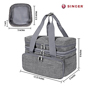 SINGER Sewing Accessories Organizer (Bag Only) – Double Layer Portable Sewing Storage Bag | 2 Detachable Pouches and 18 Compartments, Large Sewing Supplies & Crafting Carry-all (Gray)