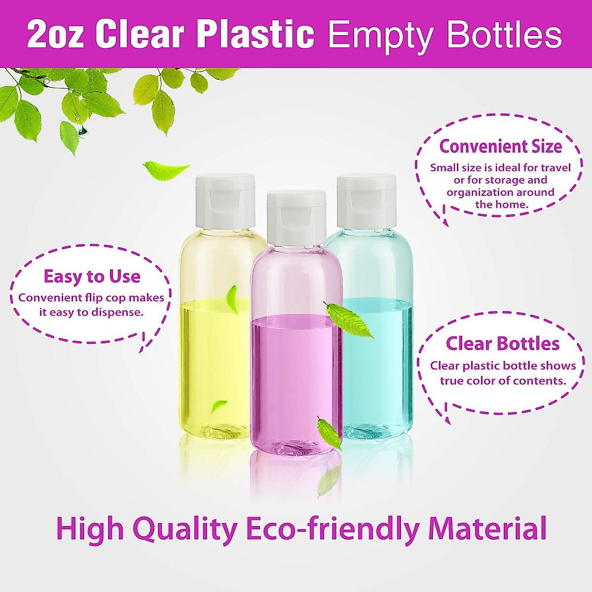 Dabacc 30 Pcs 2 oz Clear Plastic Empty Bottles, Travel Size Bottles with Flip Cap Small Bottles for Liquids Toiletries Shampoo Lotion Conditioner