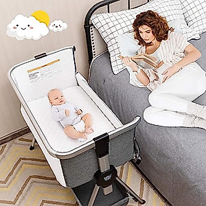 BABY JOY Bedside Bassinet, Portable Baby Crib w/Mattress, Two-Side Breathable Mesh, 7 Height Adjustable, Large Storage, Wheels for Easy Movement, Crib for Newborn Infant, Bassinet for Baby, Dark Grey