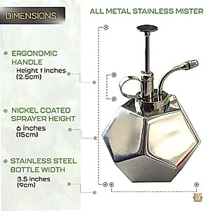 Stainless Steel Plant Mister Sprayer - metal plant mister spray bottle for succulents bonsai, air plants, indoor outdoor Silver spritzer pump for spraying moss orchid flowers herb gardens, terrariums
