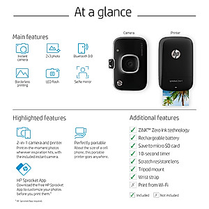 HP 5MS96A Sprocket 2-in-1 Portable Photo Printer & Instant Camera Bundle with 8GB Micro SD Card and Zink Photo Paper, Black (Pack of 3)