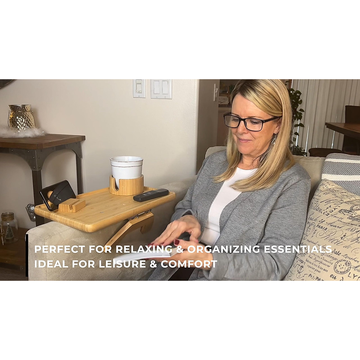 Fabsome Bamboo Couch Arm Tray, TV Dinner Tray for Sofa Loveseats with Cup Holder Phone Tablet Holder, Clip on Armrest Side End Table Replacement for Meal Drink Remote Glasses, with Raised Edges