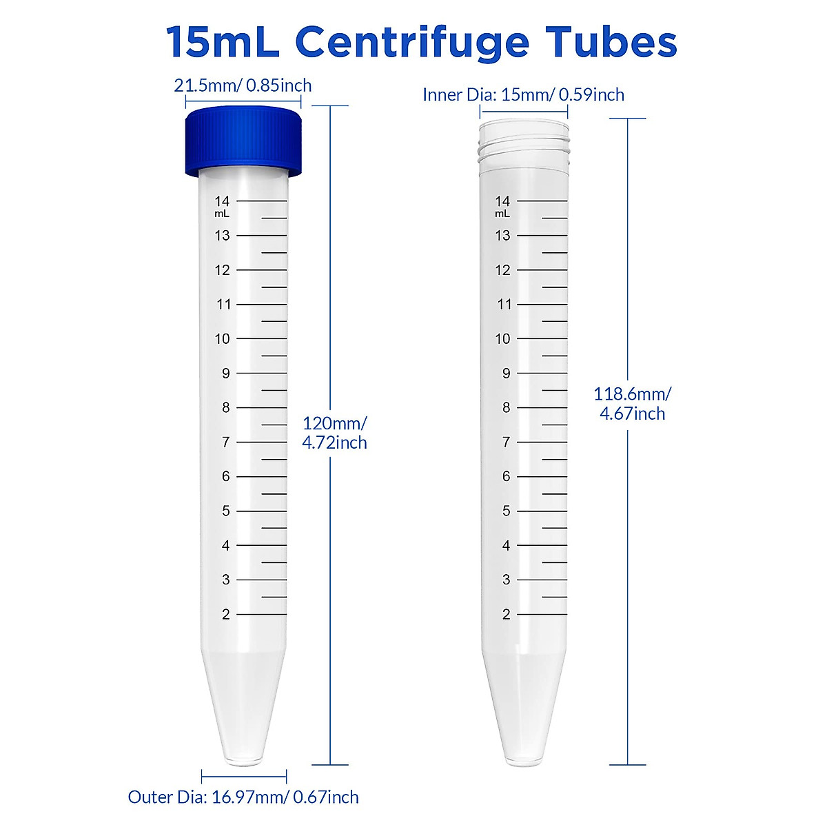 SimPure Centrifuge Tubes 15mL, Conical Tubes Sterile 50 PCS, Polypropylene, Leak-Proof Screw Caps, Plastic Container with Graduated and Write Marks, Non-pyrogenic, DNase/RNase Free, Human DNA-Free