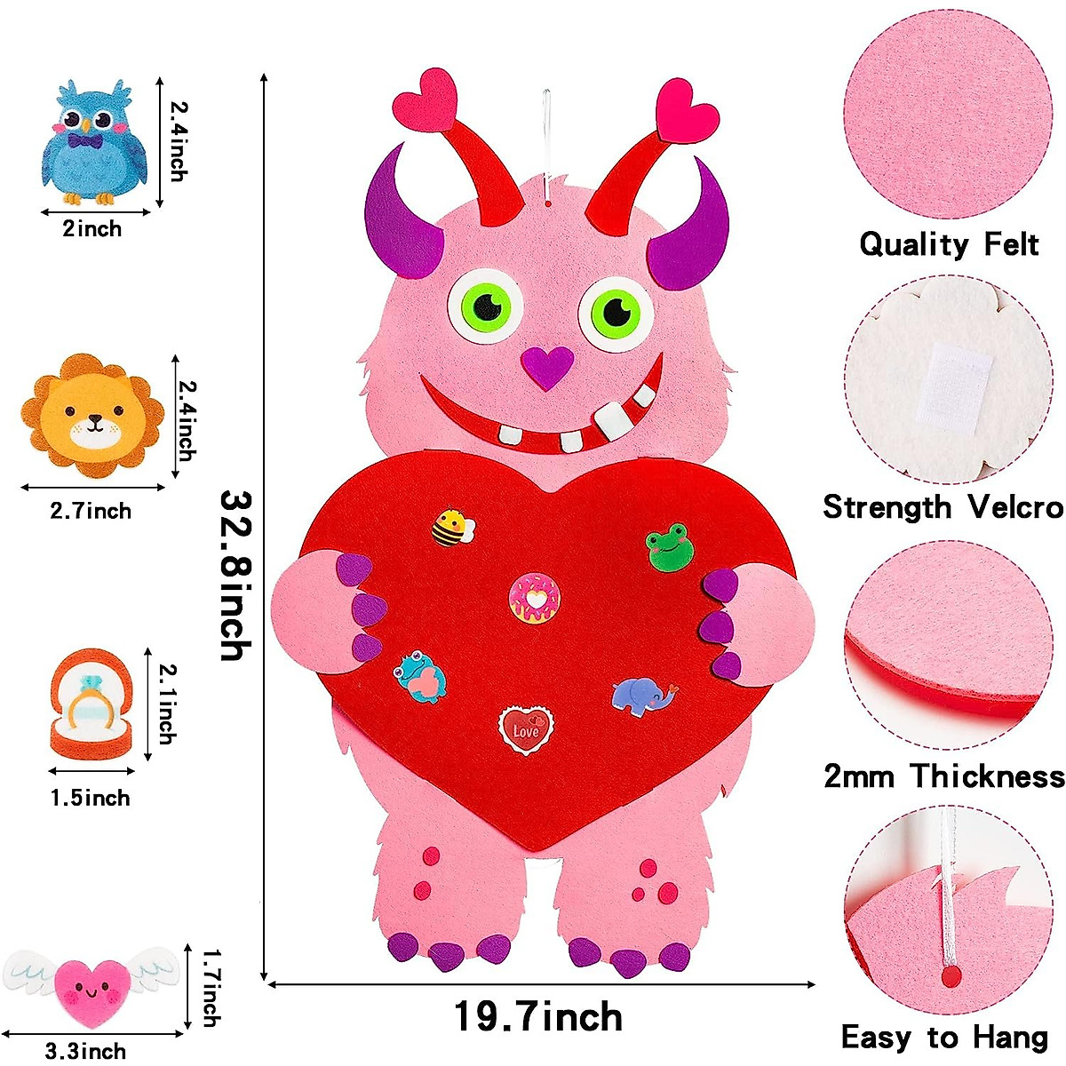 Haooryx 33Pcs Valentines Heart Monster Felt Craft Kit, DIY Monster Felt Hanging Decorations with Detachable Ornaments, Valentines Party Home Wall Door Decor Hanging Ornaments Kids Present Art Craft