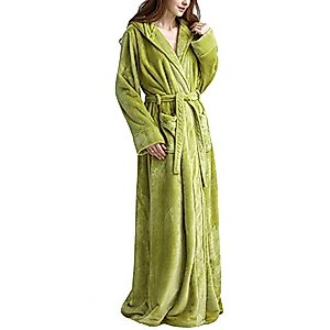 Flygo Women's Long Robe with Hood Soft Warm Full Length Sleepwear Luxurious Plush Fleece Winter Ladies Robes (X-Large, Green)