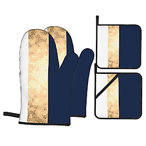 MUKJHOI Oven Mitts Pot Holders Set of 4 Heat Resistant Kitchen Waterproof Elegant Faux Gold Navy Blue White Stripes Women Men Home Cooking Baking Microwave BBQ Gift