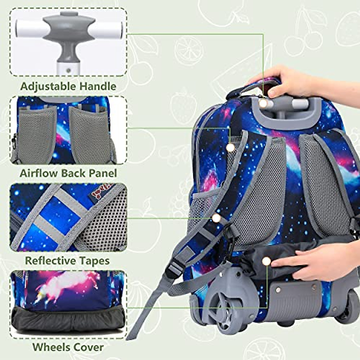 NEW TILAMI 18 Inch Rolling Backpack with Lunch Bag Wheeled Laptop Kids Backpack School Bags Trip Luggage, Deep Space