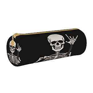 Rock And Roll Skeleton Skull Boho Hippie Cylinder Pencil Case Holder Zipper Pen Bag Pouch Students Stationery Cosmetic Bag