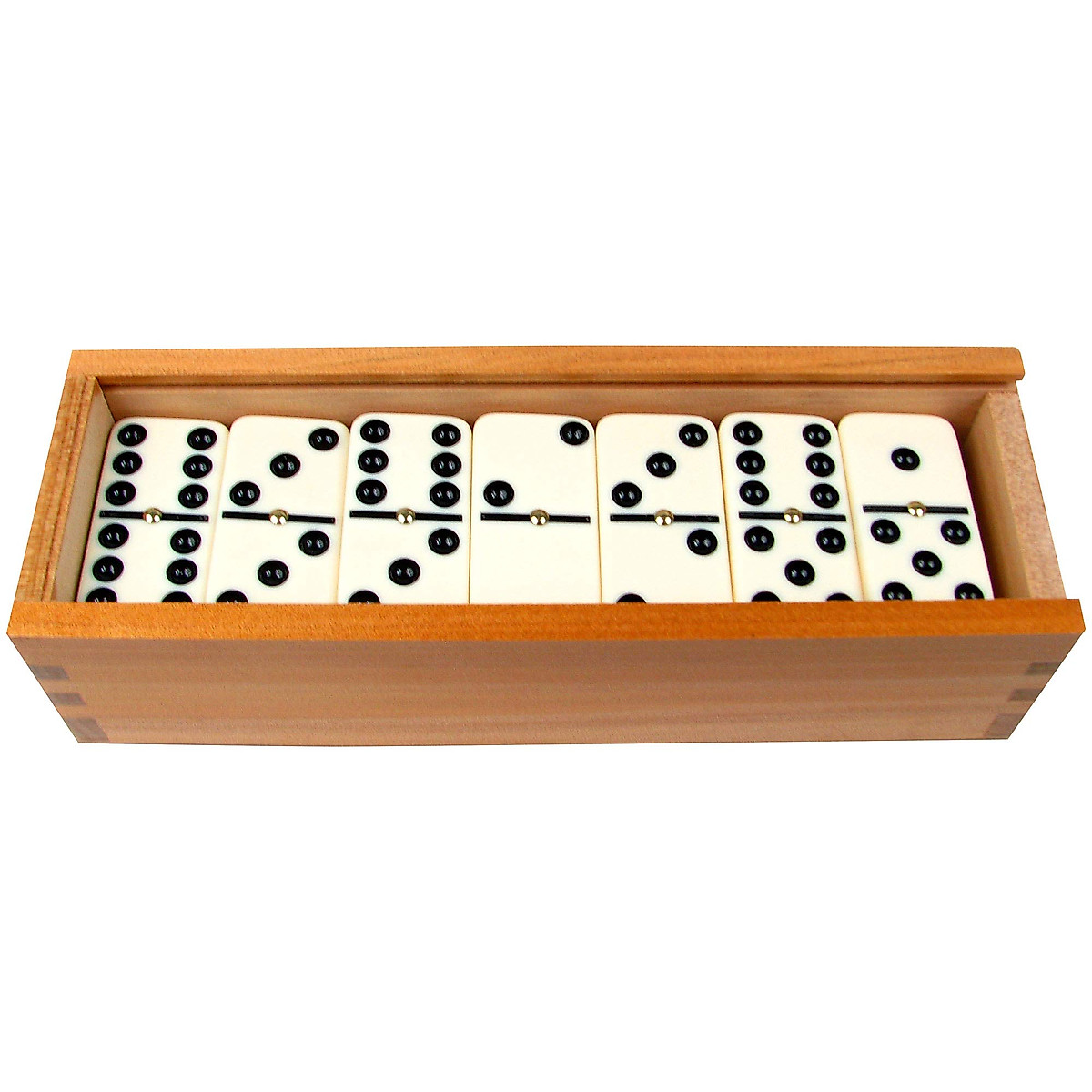 Dominoes Set- 28 Piece Double-Six Ivory Domino Tiles Set, Classic Numbers Table Game with Wooden Carrying/Storage Case by Hey! Play! (2-4 Players) , Brown