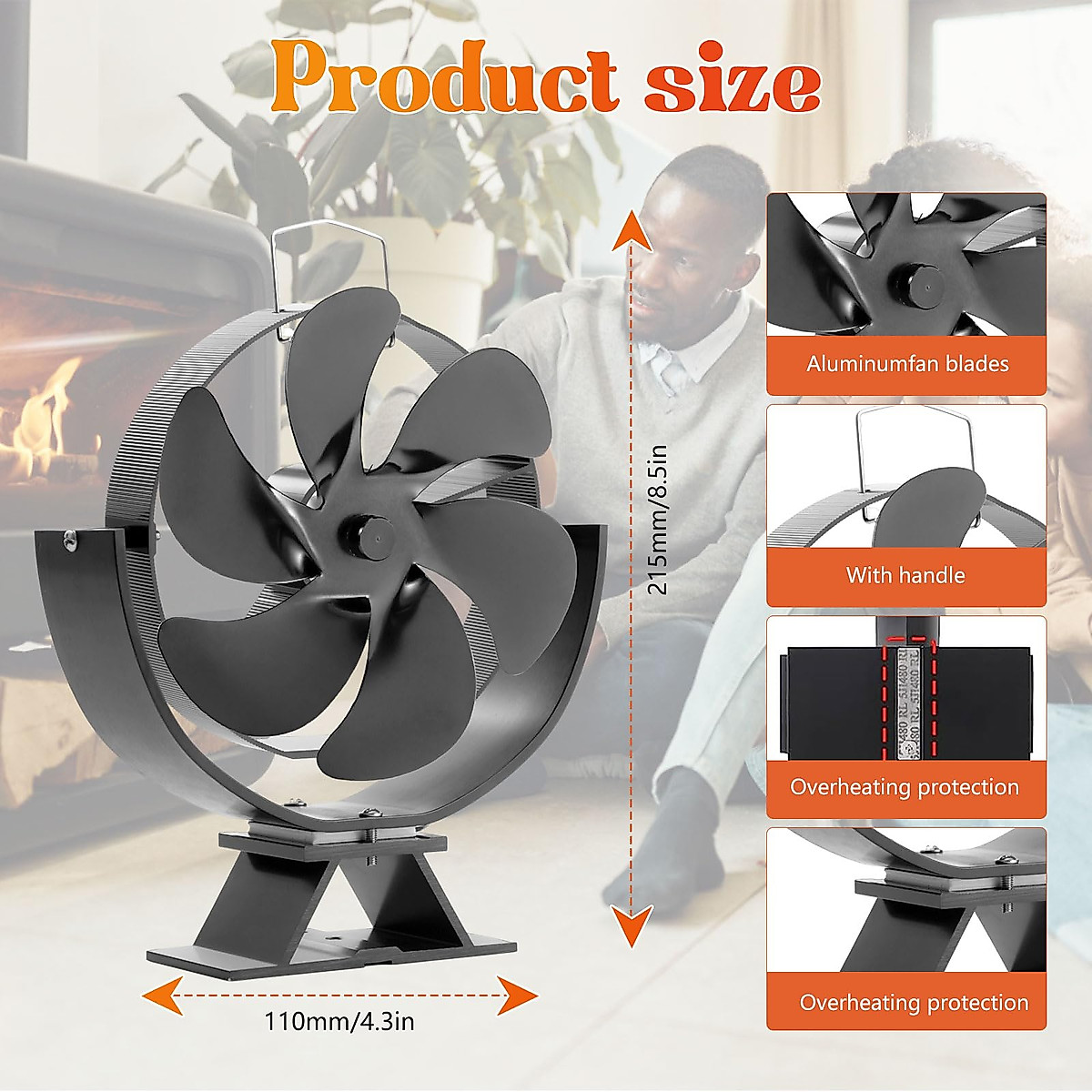 Longzhuo Wood Stove Fan Small New Designed with Adjustable Angle 6 Blades Heat Powered Fireplace Fans Eco Fan for Home Wood/Log Burner/Fireplace(Black)