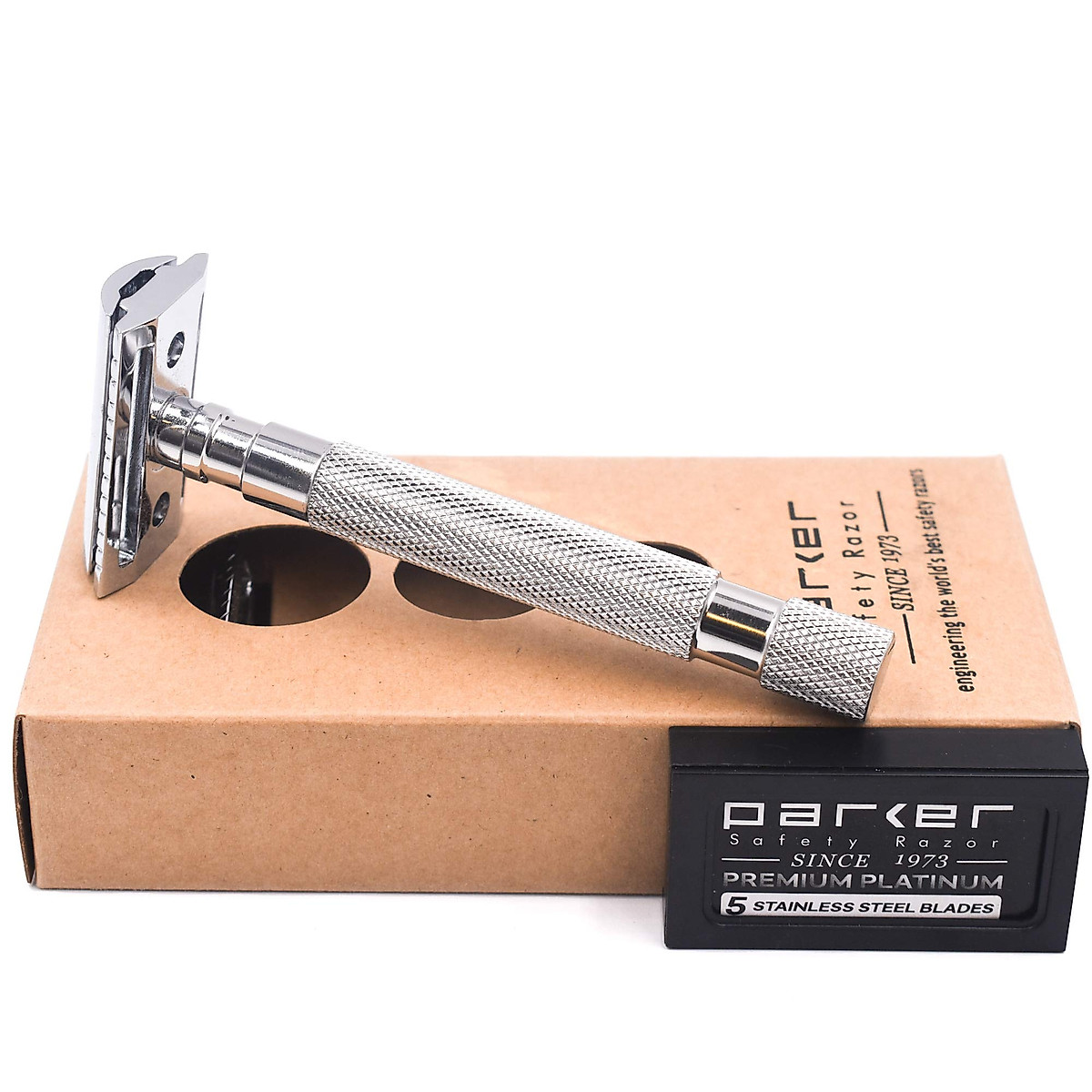 Parker 64S Stainless Steel Handle Double Edge Safety Razor & 5 Premium Blades