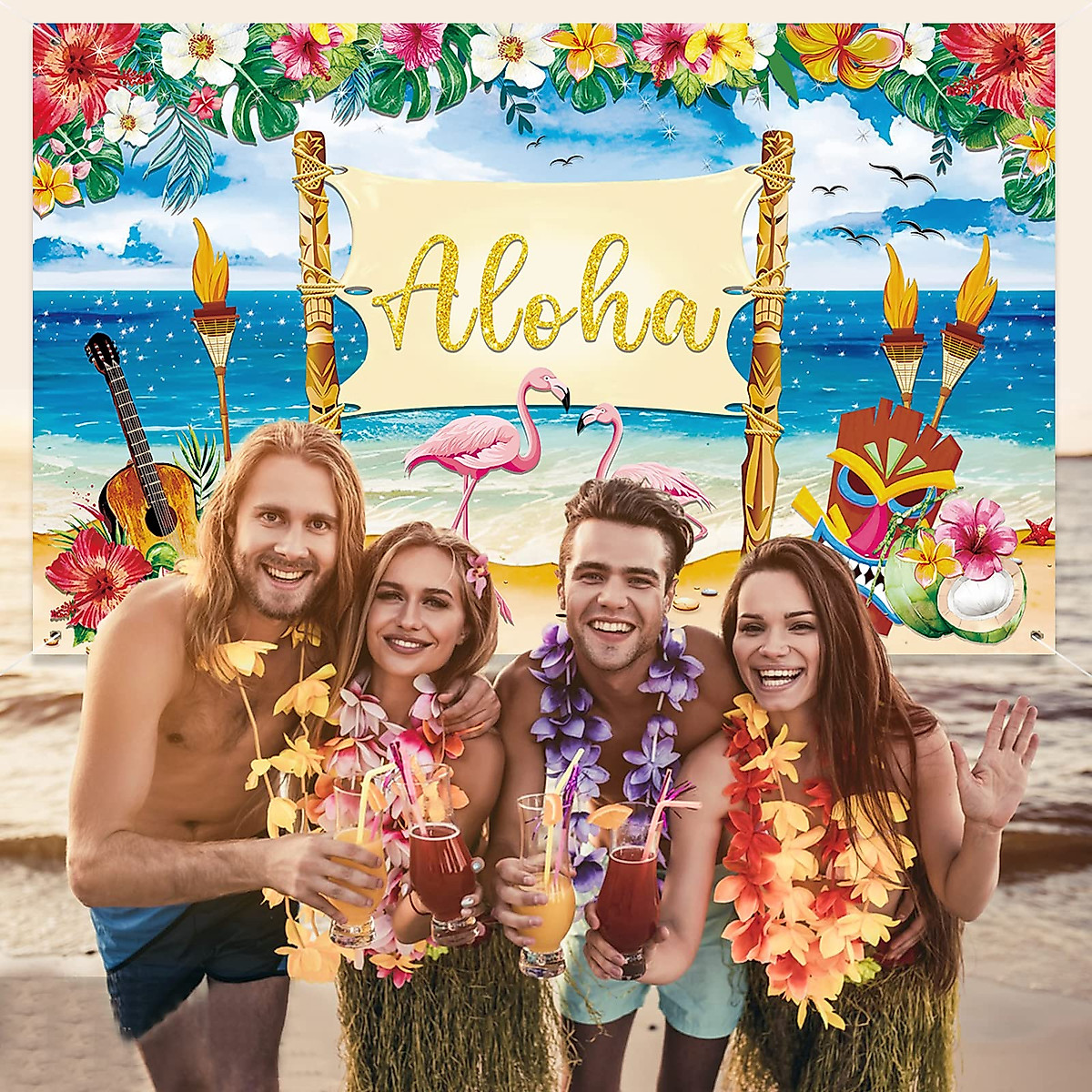 Upgraded, Hawaiian Luau Party Decorations, Aloha Luau Backdrop Summer Beach Banner Background Photography Supplies for Birthday Musical Party Baby Shower Tropical Tiki Themed Decoration 72"x44"