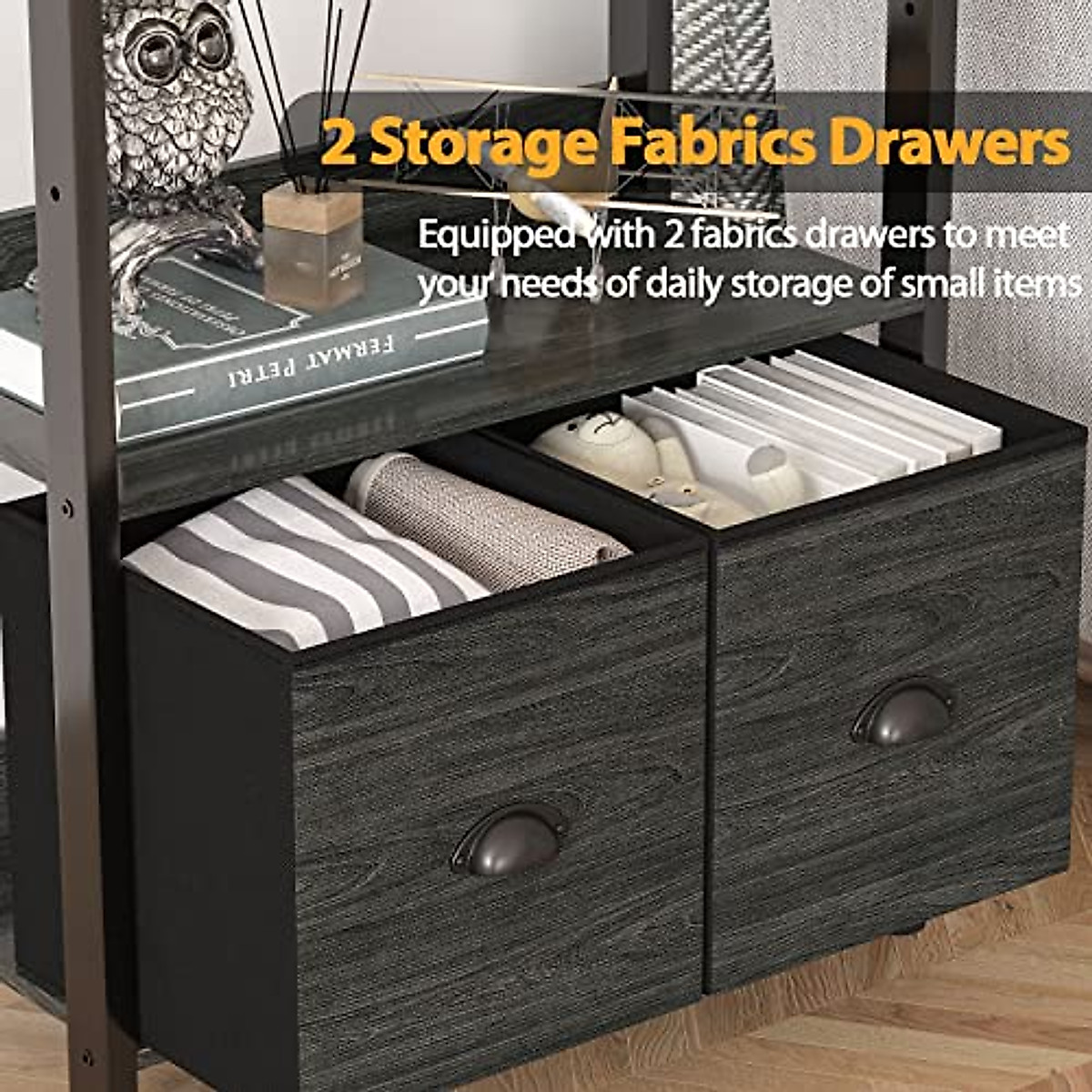 Furologee 5-Tier Bookshelf, Tall Bookcase with 2 Storage Drawers, Industrial Display Standing Shelf Units, Wood and Metal Storage Shelf for Living Room, Bedroom, Home Office, Black Oak