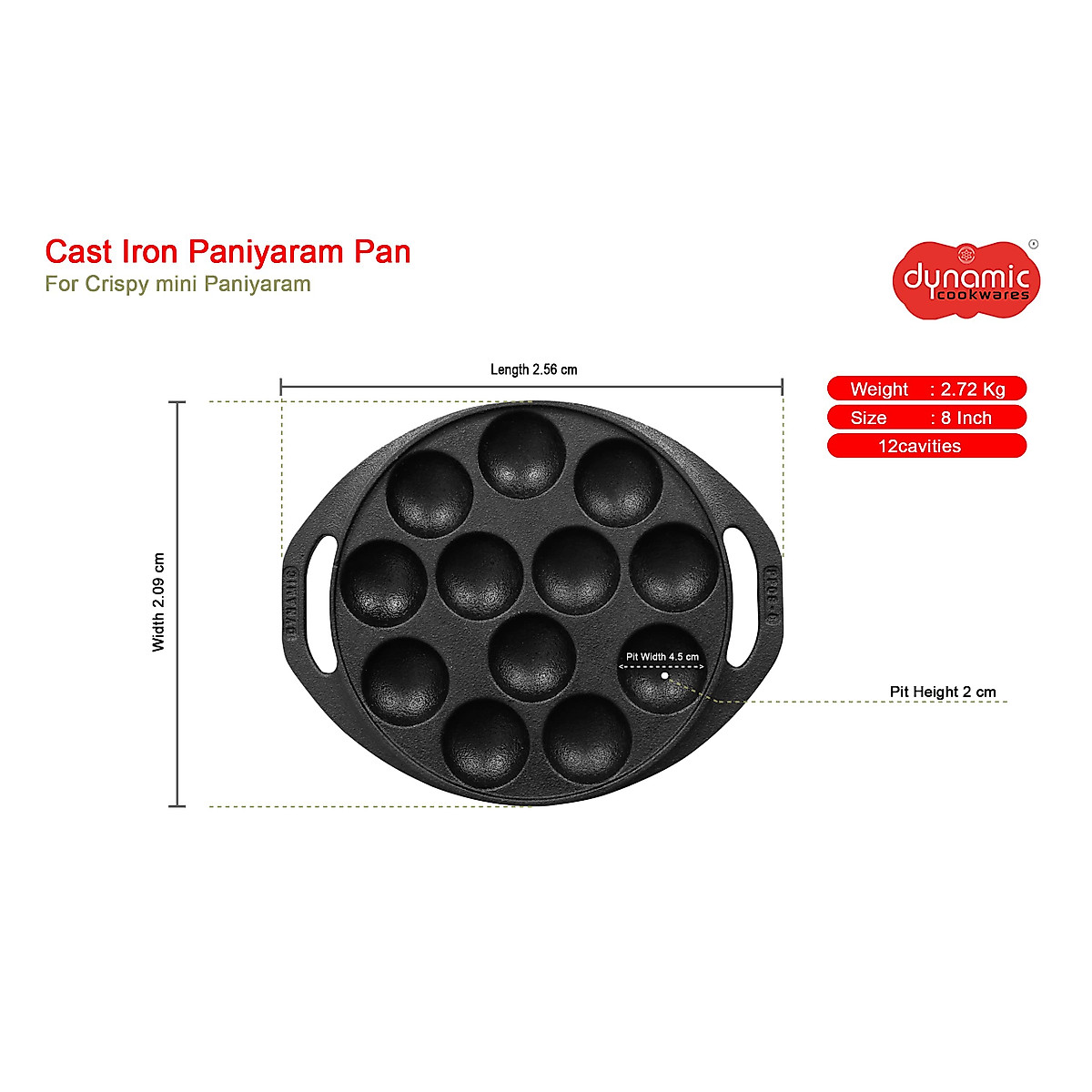 DYNAMIC COOKWARES, Mini Paniyaram pan Cast Iron Flat Bottom Tawa 8 Inch 12 Cavity, Go's Best with Gas, Induction Base, and Electrical Cook top
