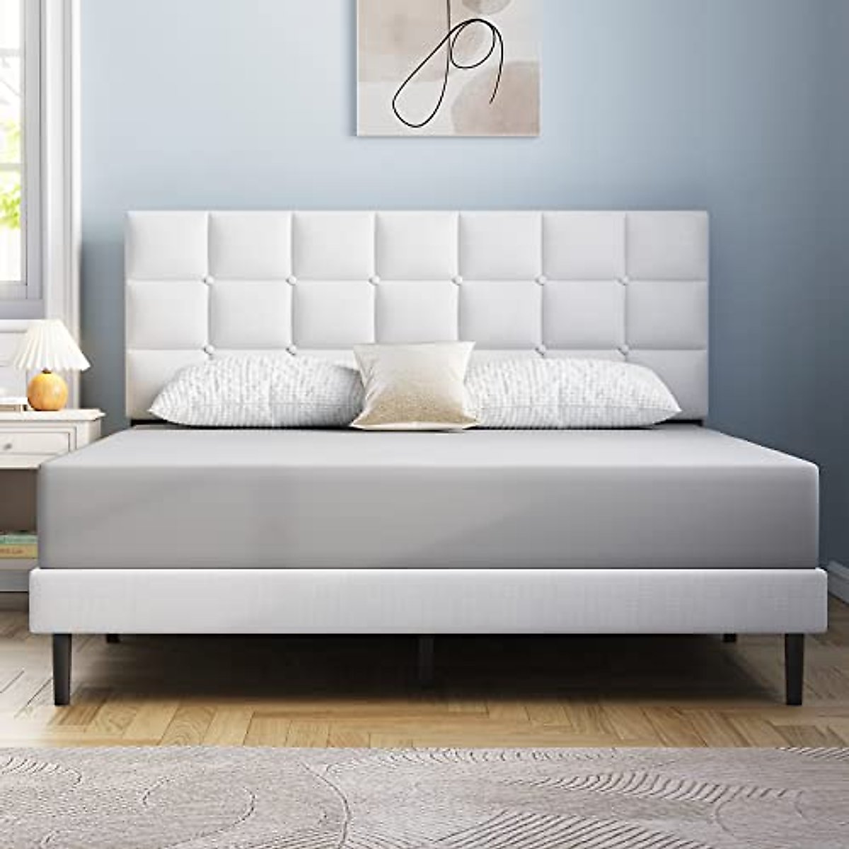 Molblly Queen Bed Frame Upholstered Platform with Headboard and Strong Wooden Slats,Non-Slip and Noise-Free,No Box Spring Needed, Easy Assembly,White