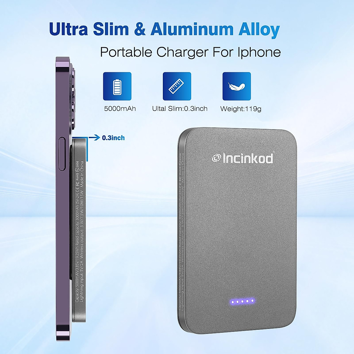 Incinkod 5000mAh Portable 15W Wireless Magnetic Power Bank,Aluminum Alloy Fast Charging Charger,Sliver Ultra-Thin Mini Lightweight External Battery Pack Compatible for MagSafe iPhone 11 12 13 14 15