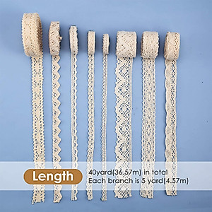 40 Yards Cotton Lace Trim Vintage Lace Ribbon Crochet Cotton Lace Scalloped Edge for Bridal Wedding Decoration Christmas Package DIY Sewing Craft Supply, 5 Yards Each, 8 Styles (Beige)
