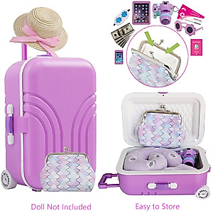 Srua Don 18 Inch Doll Suitcase Travel Luggage Play Set, 18" Doll Mermaid Theme Travel Carrier Storage Accessories for 18inch Doll, Include Case Doll Clothes Hat Sunglasses Camera Pillow Toy Pet, etc