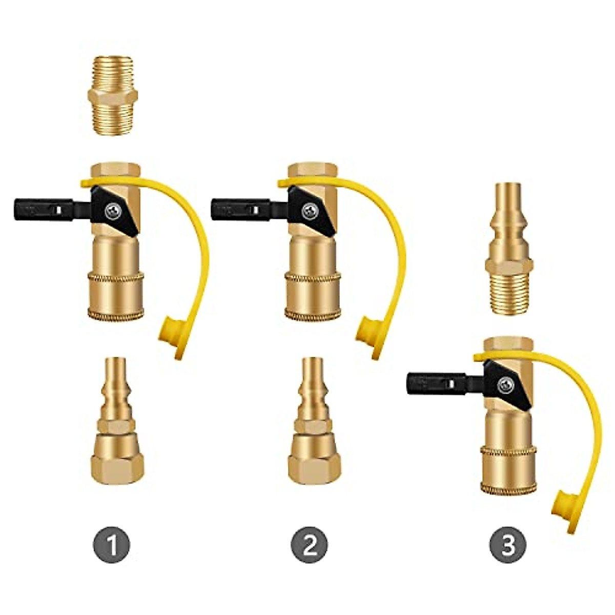1/4" RV Propane Quick Connect Fittings Adapter Kit, Premium Brass Shutoff Valve & Full Flow Plug & 3/8" Female Flare & 1/4" Female & Male NPT for Natural Gas Quick On or Off, RV, Trailer, BBQ