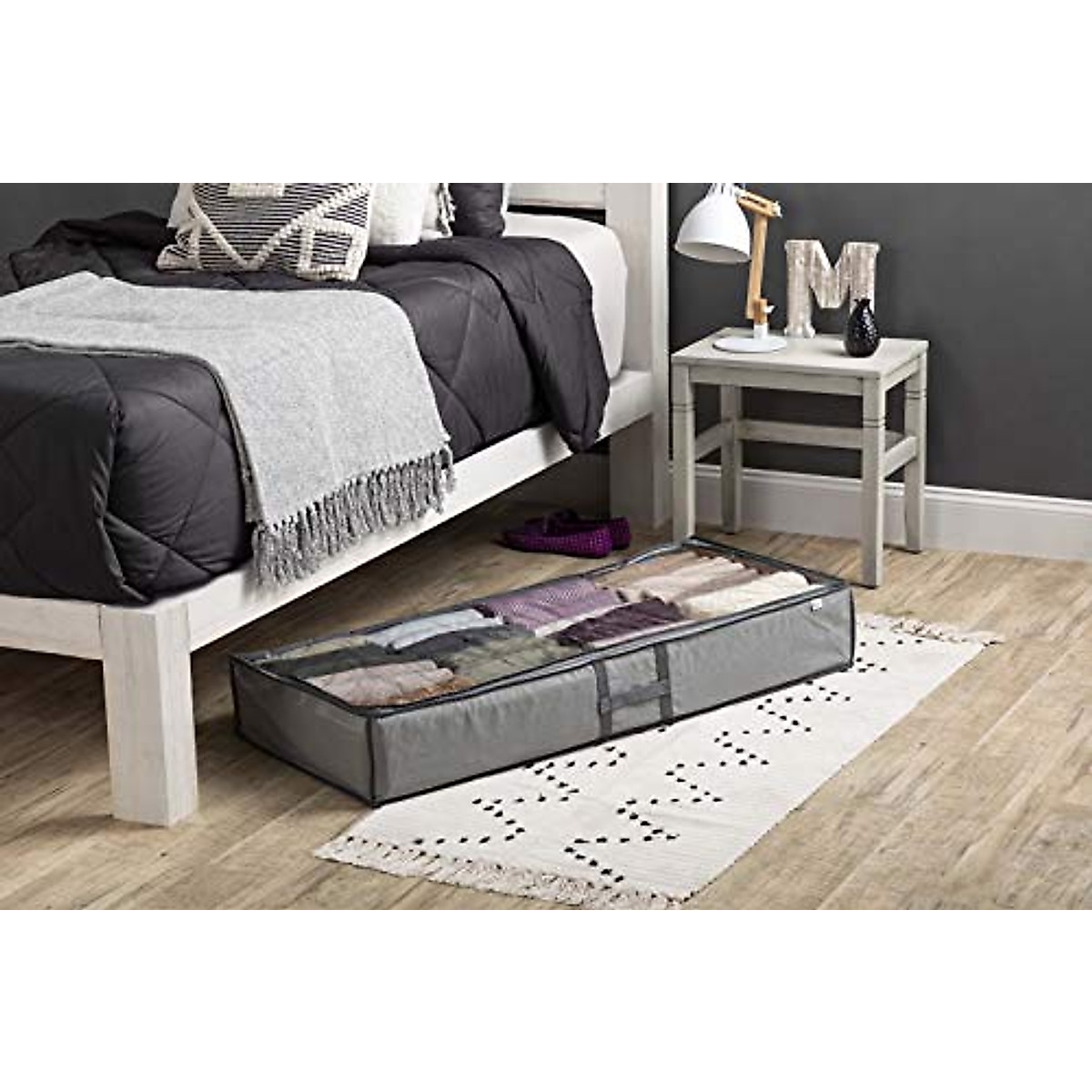 Zober Under Bed Storage - Pack of 2 Under Bed Storage Containers for Clothes, Blankets, Winter Clothing, & Shoes - Under The Bed Storage with Handles, Dual Zippers, & Clear Top (Gray)