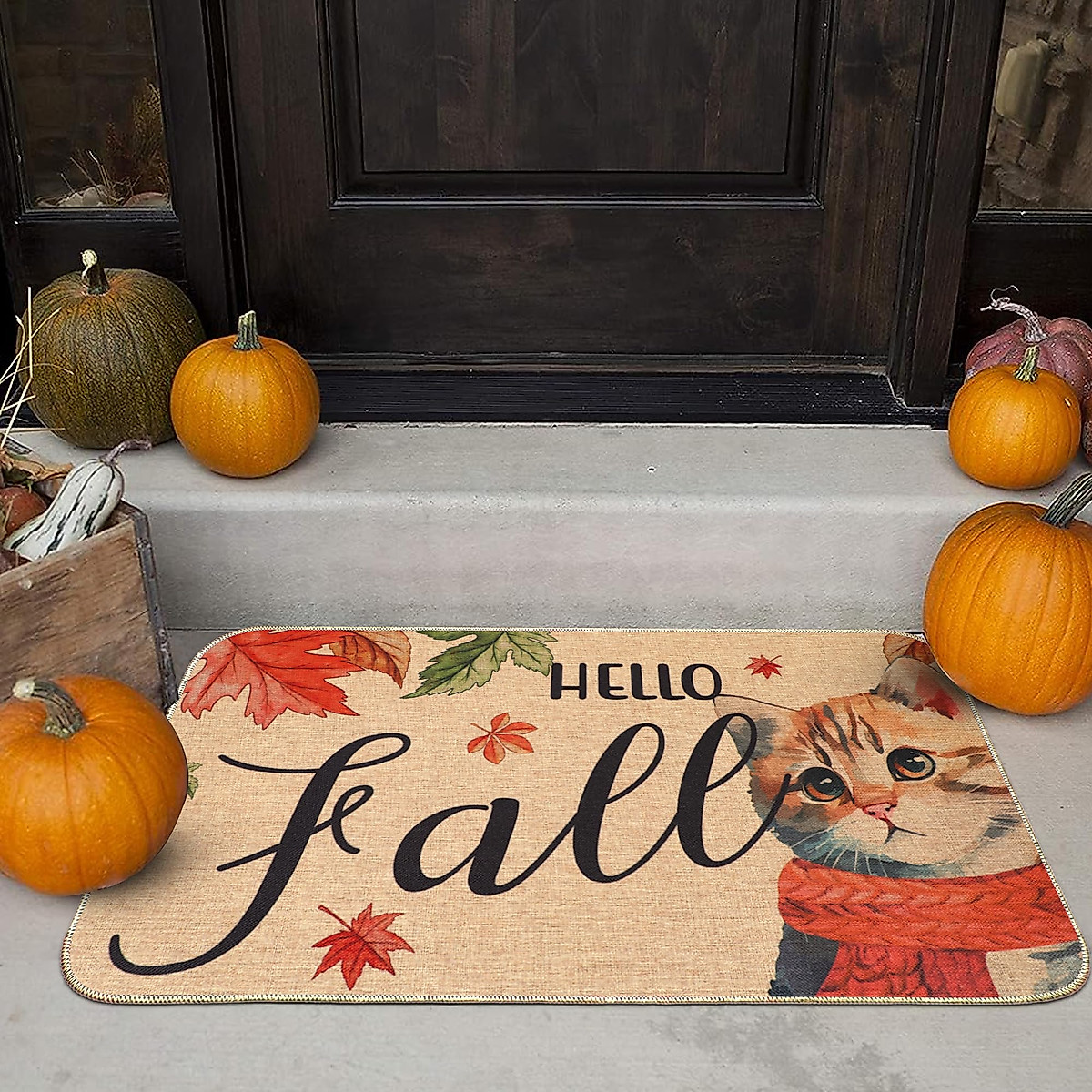 Sawowkuya Hello Fall Door Mat 30 X 17 Inch Fall Cat Doormat Indoor Outdoor Entrance Floor Mat Non Slip Autumn Thanksiving Decor Rubber Welcome Mats