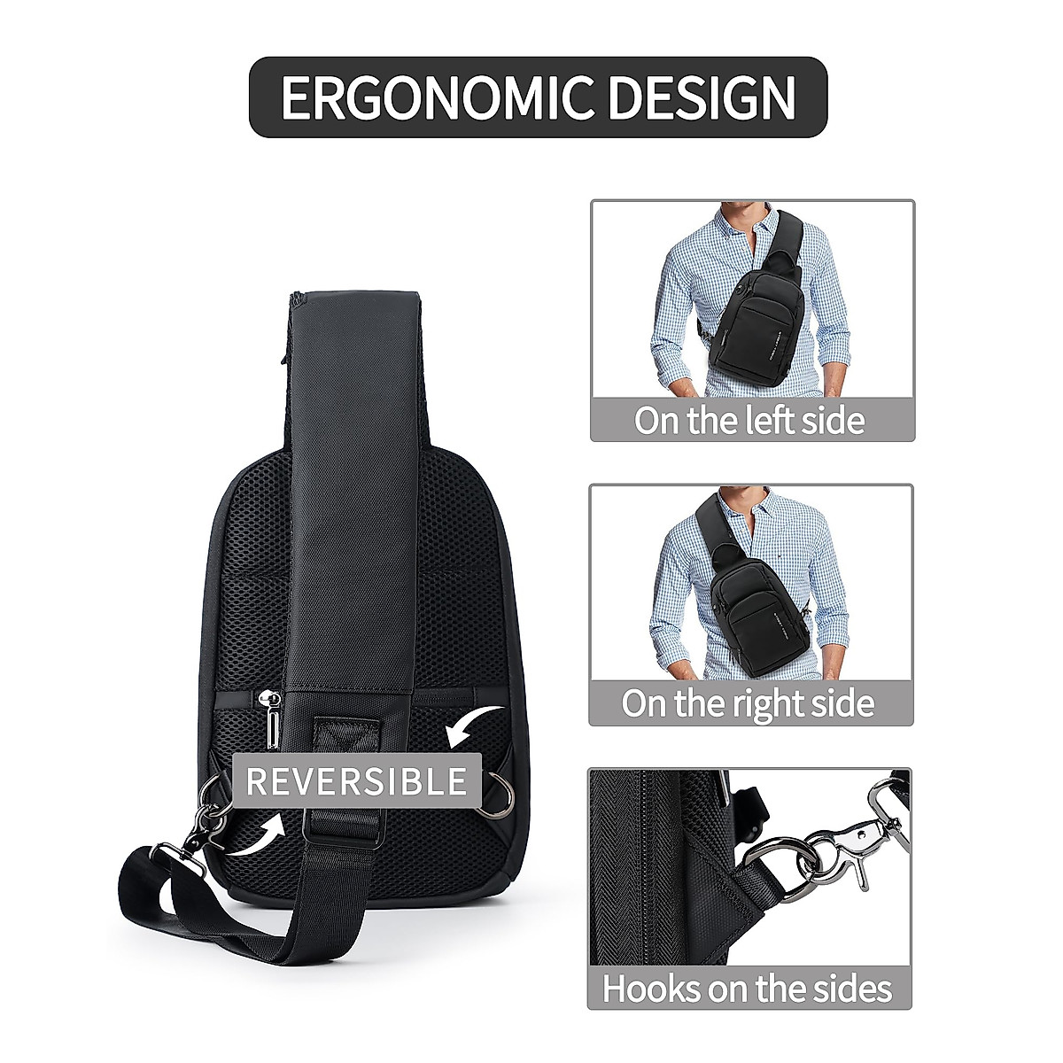 VGOCO Black Sling Bag for Men,Mens Crossbody Bag Hiking Sling Backpack Small Waterproof Anti Theft Shoulder Bag for Women One Strap Backpack Tactical Chest Bag Travel Casual Daypack