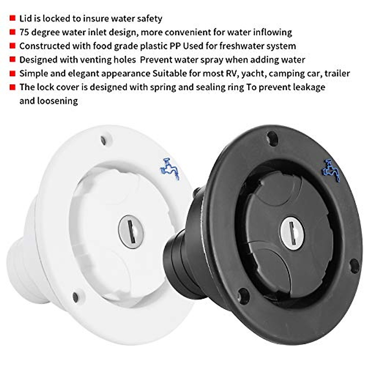 Gorgeri Black Fresh Water Fill Hatch Inlet Round Water Inlet Fill Lock Tank Filling Port W/Key for RV Yacht Camping Suitable for Yacht Camper Trailer(Black)