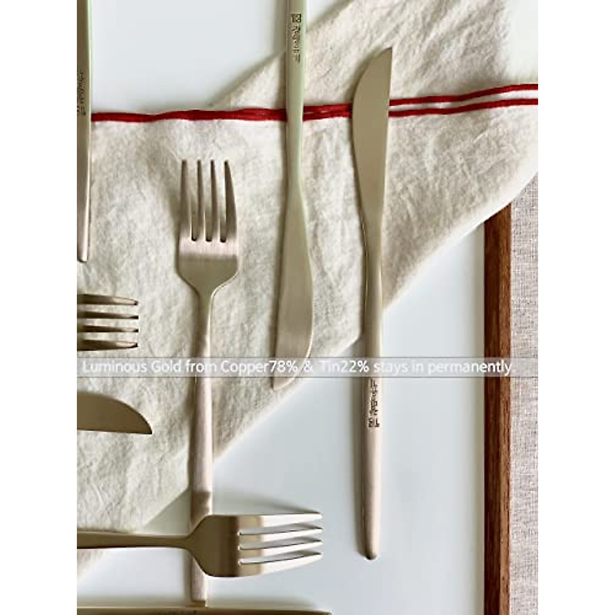 cozymomdeco Korean Made Traditional Premium Utensil Flatware Luminous Gold, Brass, 1SET, Fork, Knife, Spoon, Chopsticks with Furoshiki Wrapping