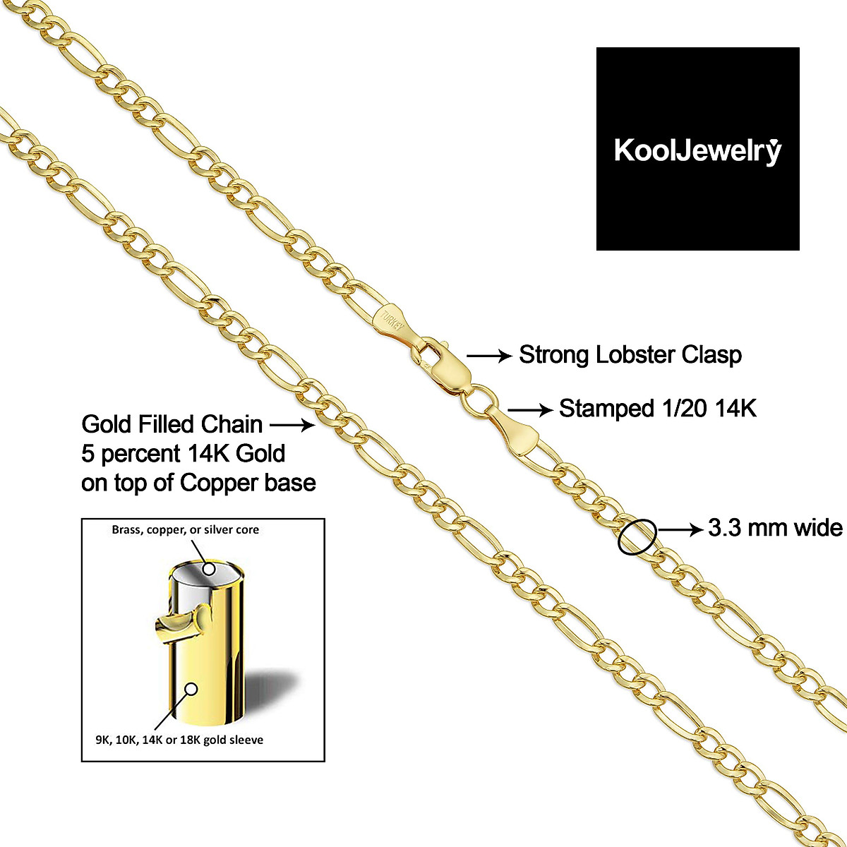 Kooljewelry 14k Yellow Gold Filled Solid Figaro Link Chain Necklace (3.3 mm, 22 inch)