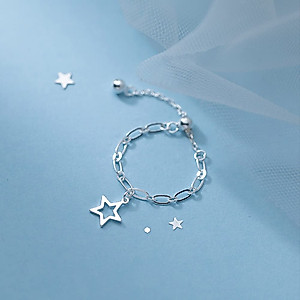 Dangle Star Link Chain Sterling Silver 925 Statement Rings for Women Girls Adjustable with Dangling Ball Minimalist Lucky Star Engagement Promise Ring Eternity Wedding Bands Finger Band