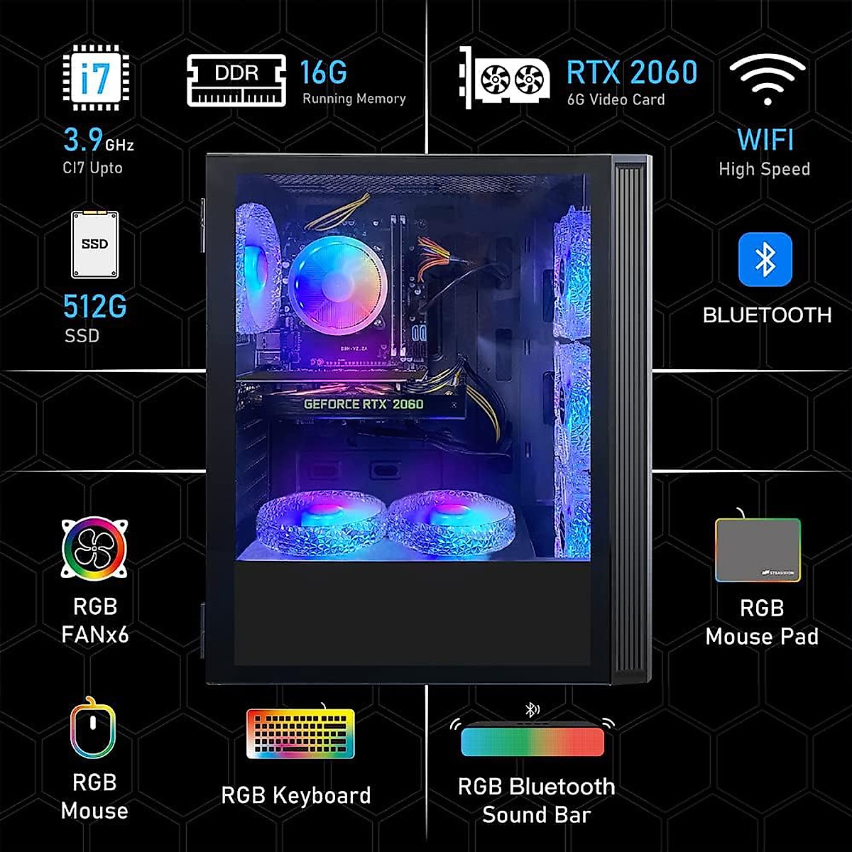 STGAubron Gaming PC Desktop, GeForce RTX 2060 6G GDDR6, Intel Core I7 3.4 GHz up to 3.9 GHz, 16G RAM, 512G SSD, WiFi, BT 5.0, RGB Fan x6, RGB Mouse Pad, RGB BT Sound Bar, Windows 10 Home