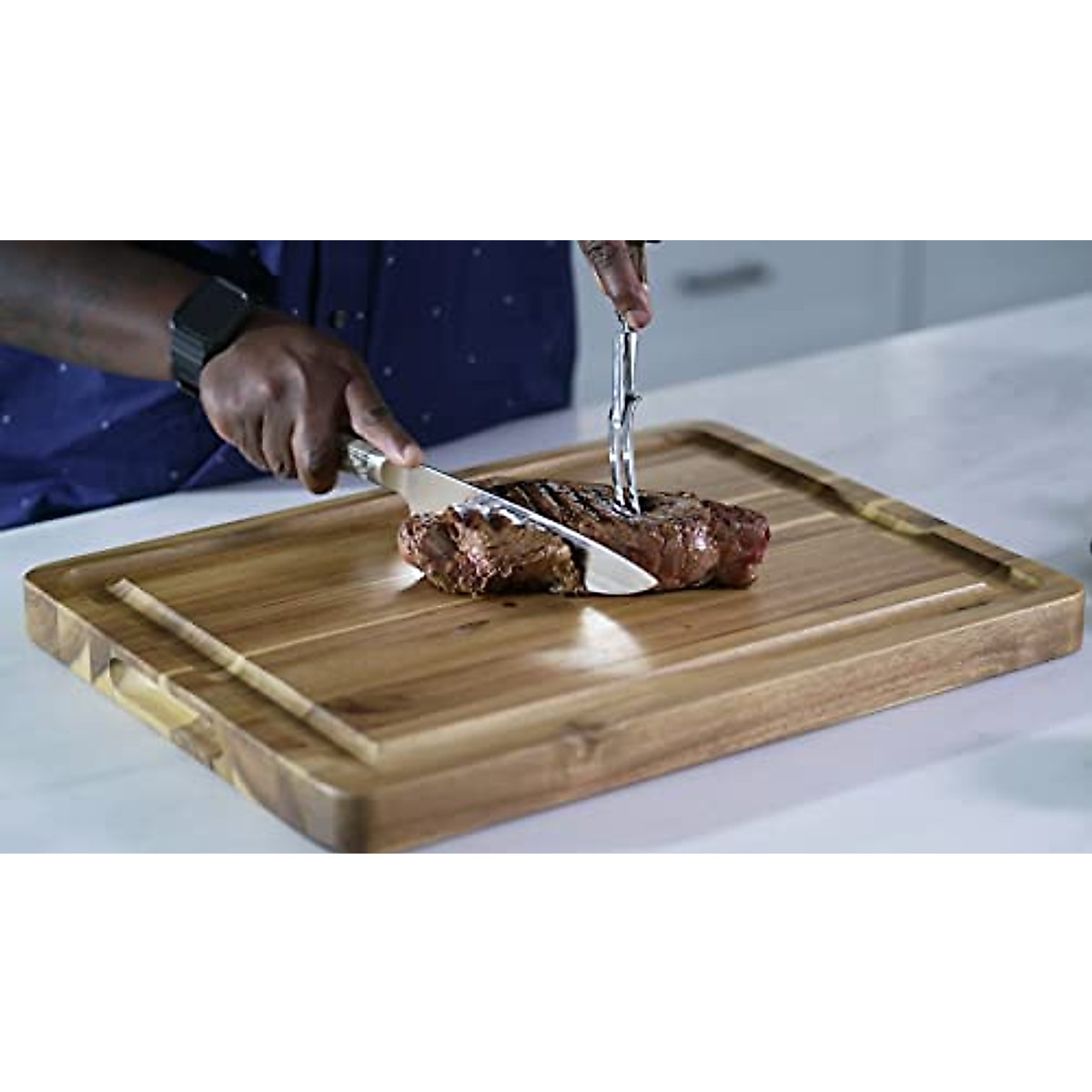 Lipper International 1250 Acacia 1 1/2" Thick Carving Board with Deep Well and Inset Handles for Cutting or Serving Meat, 20" x 15" x 1 1/2"