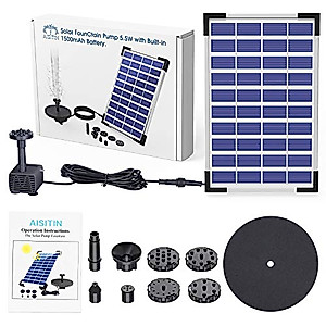 AISITIN 5.5W Solar Bird Bath Fountain Built-in 1500mAh Battery, Solar Fountain Pump for Bird Bath with 6 Nozzles, Solar Floating Water Fountain Pump for Bird Bath, Fish Tank, Pond, Garden and Outdoor