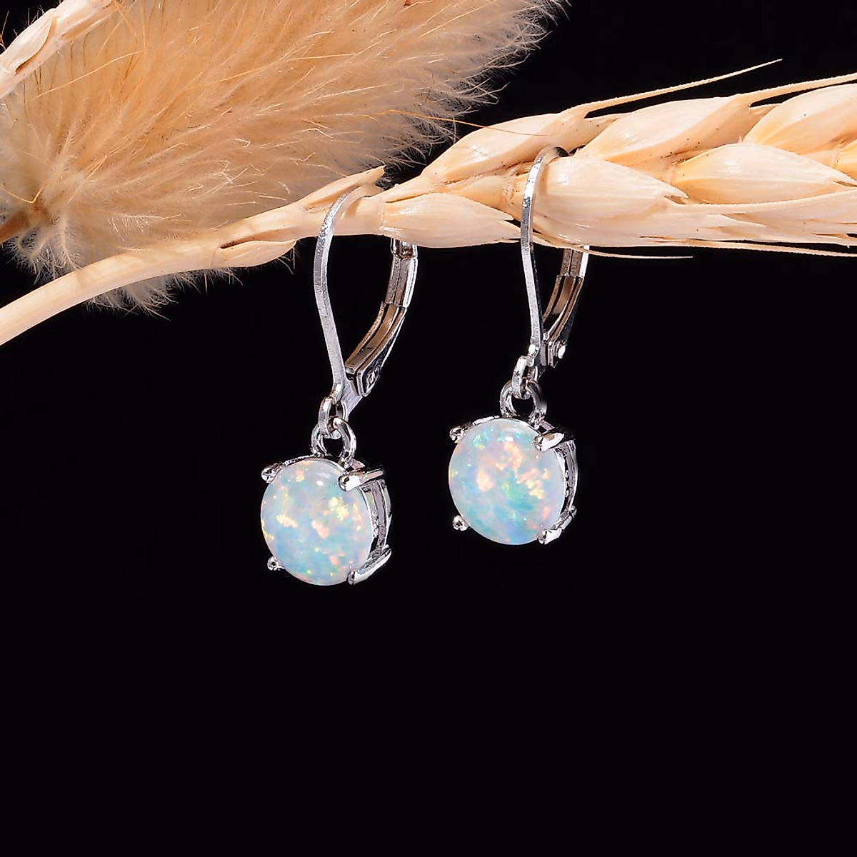 CiNily Womens Opal Dangle Earrings Rhodium Plated Leverback hypoallergenic Gemstone Drop Earrings
