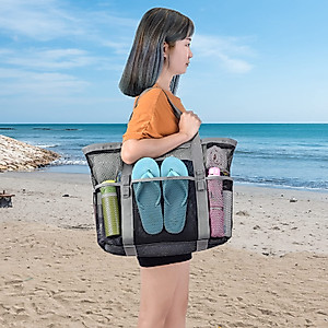 Extra Large Mesh Tote Bag with Multiple Pockets, Heavy Duty Beach Bag for Family Trip Camping Swimming