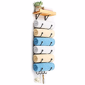 HULISEN Towel Racks for Bathroom, Wall Mounted Towel Rack with Wooden Shelf & 4 Hooks, Extended Wall Mount Towel Holder, Metal Bath Towel Holder for Bath Storage Organizer and Decor, Matte Black