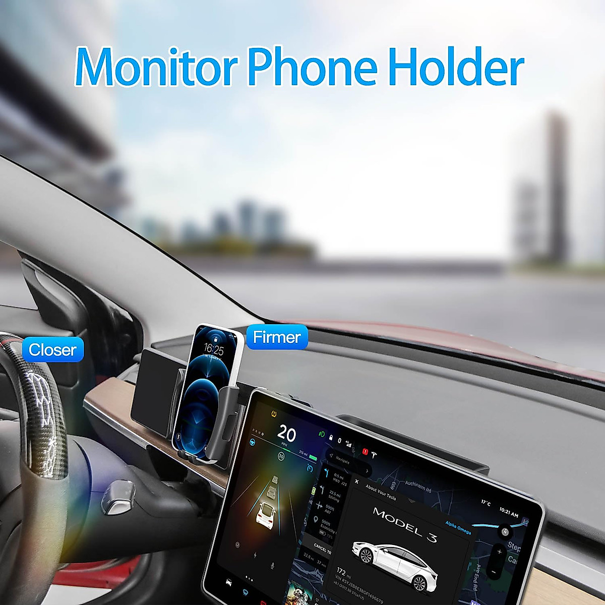 TSELLER for Tesla Model Y Model 3 Phone Holder Cell Phone Mount Silence Screen Phone Cradle Kits Adaptive for 5.5-7.0" Smartphones Accessories with Silicone Sunglasses Organizer