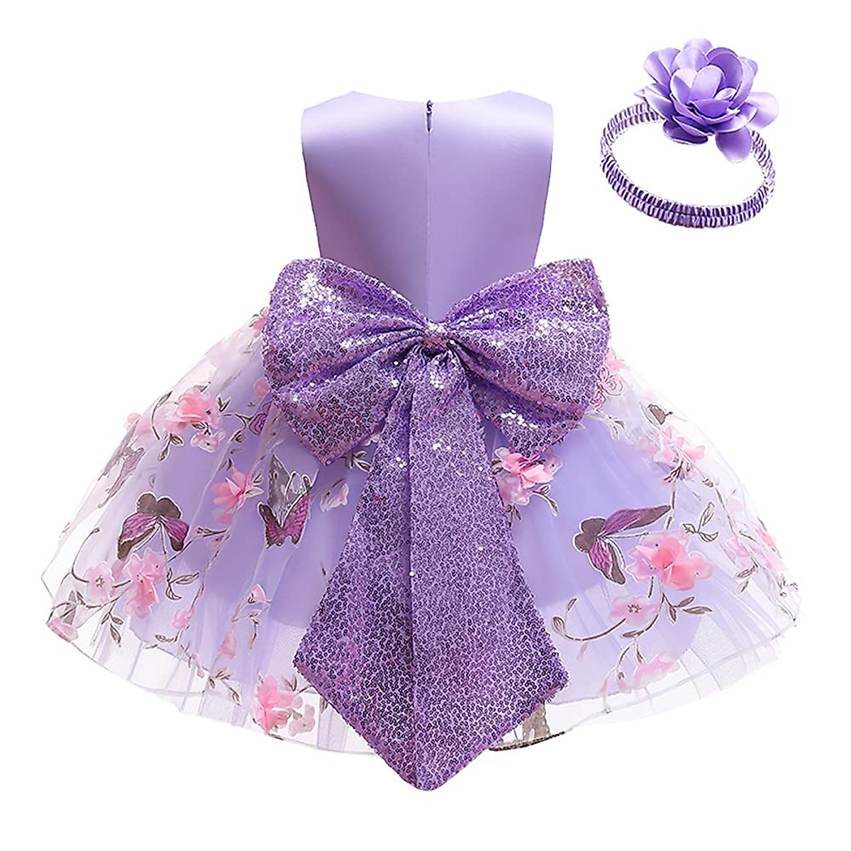 Flower Girl Sequins Bowknot Butterfly Tutu Dress for Kids Baby Christening Baptism Communion Birthday Party Dress Toddler Princess Pageant Wedding Gown with Headwear Purple - Butterfly 4-5 Years