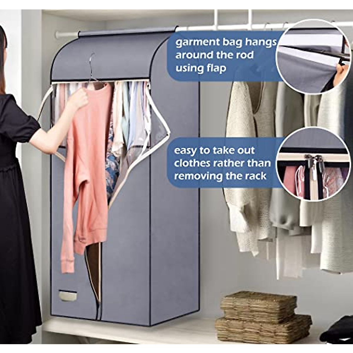SLEEPING LAMB 60'' Hanging Garment Bags for Closet Storage Sealed Completely Jackets Coats Suits Clothes Rack Cover for Wardrobe with Clear PVC Window, 2 Packs, Grey (Hanging Rod Not Included)