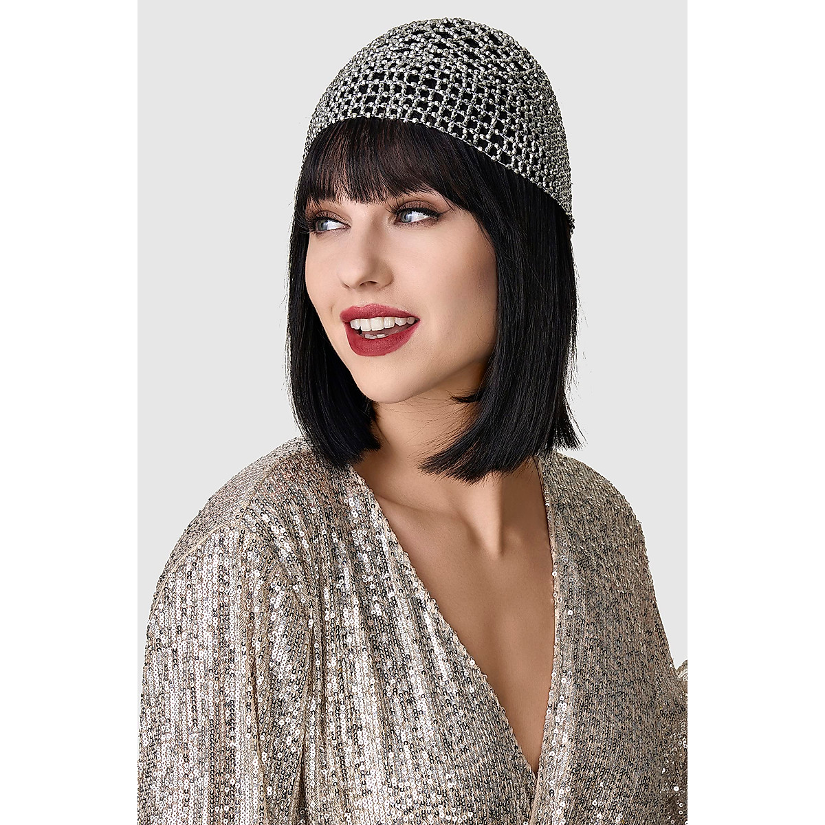 BABEYOND 1920s Beaded Cap Headpiece Belly Dance Cap Exotic Cleopatra Headpiece for Gatsby Themed Party (Silver)