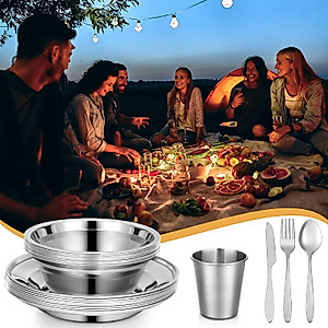 50 Pcs Camping Mess Kit, Polished Stainless Steel Dishes Set, Portable Dinnerware Utensils Tableware with Cups, Plates, Bowls, Mesh Bag for Backpacking Hiking Camping Travel Picnic, 8 Person Set