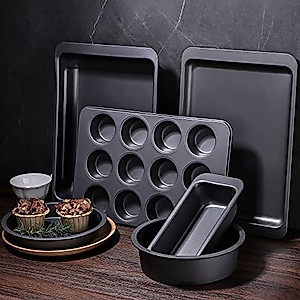 HONGBAKE Nonstick Baking Pans Set, Bakeware Sets of 6,Professional Baking Sheet Set for Loaf, Muffin, Cookie,Heavy-duty Carbon Steel - Grey