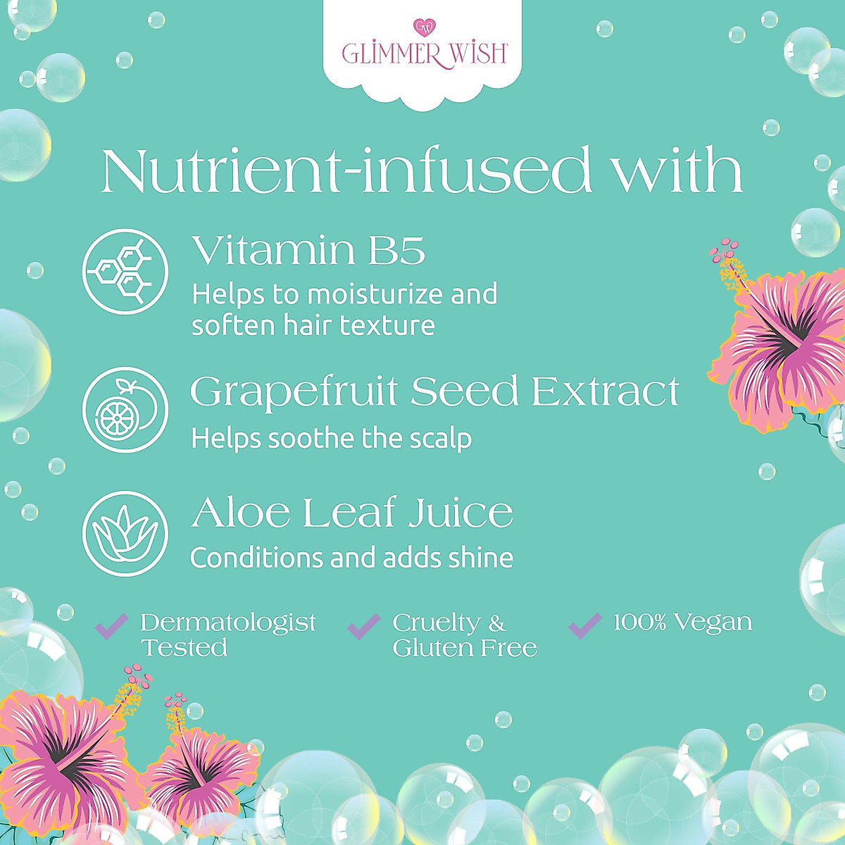 Glimmer Wish Mermaid Kids Shampoo, Paraben and Sulfate Free Shampoo for Soft and Manageable Hair, Kids Hair Care, Tropical Beach Scent, 12 Fl Oz