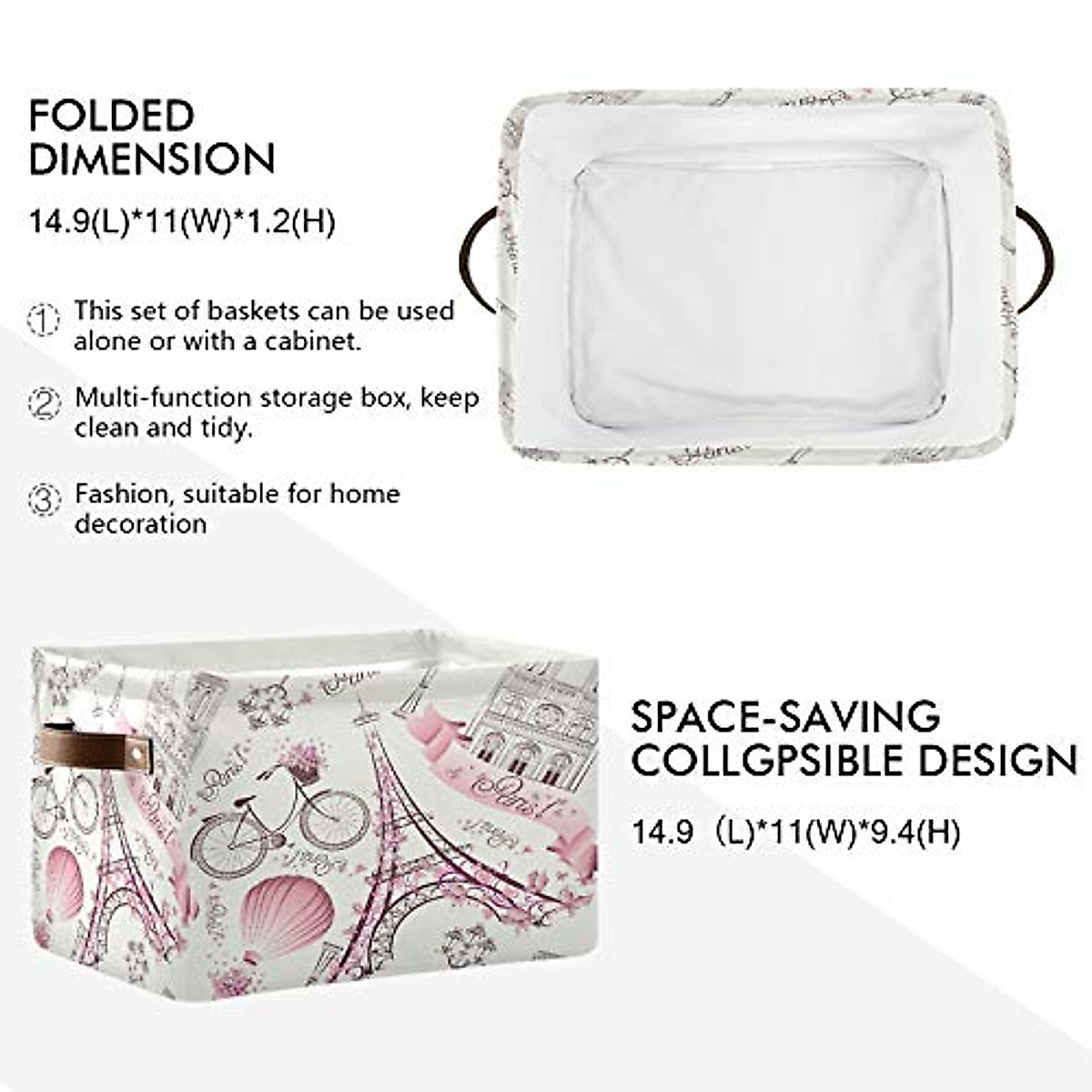 Mazeann Paris Eiffel Tower Storage Basket Bin Collapsible Foldable for Clothes Toys Storage Cabinets Waterproof Storage Box 15 x 11 x 9.5 inches, Pink and Beige, 1PC