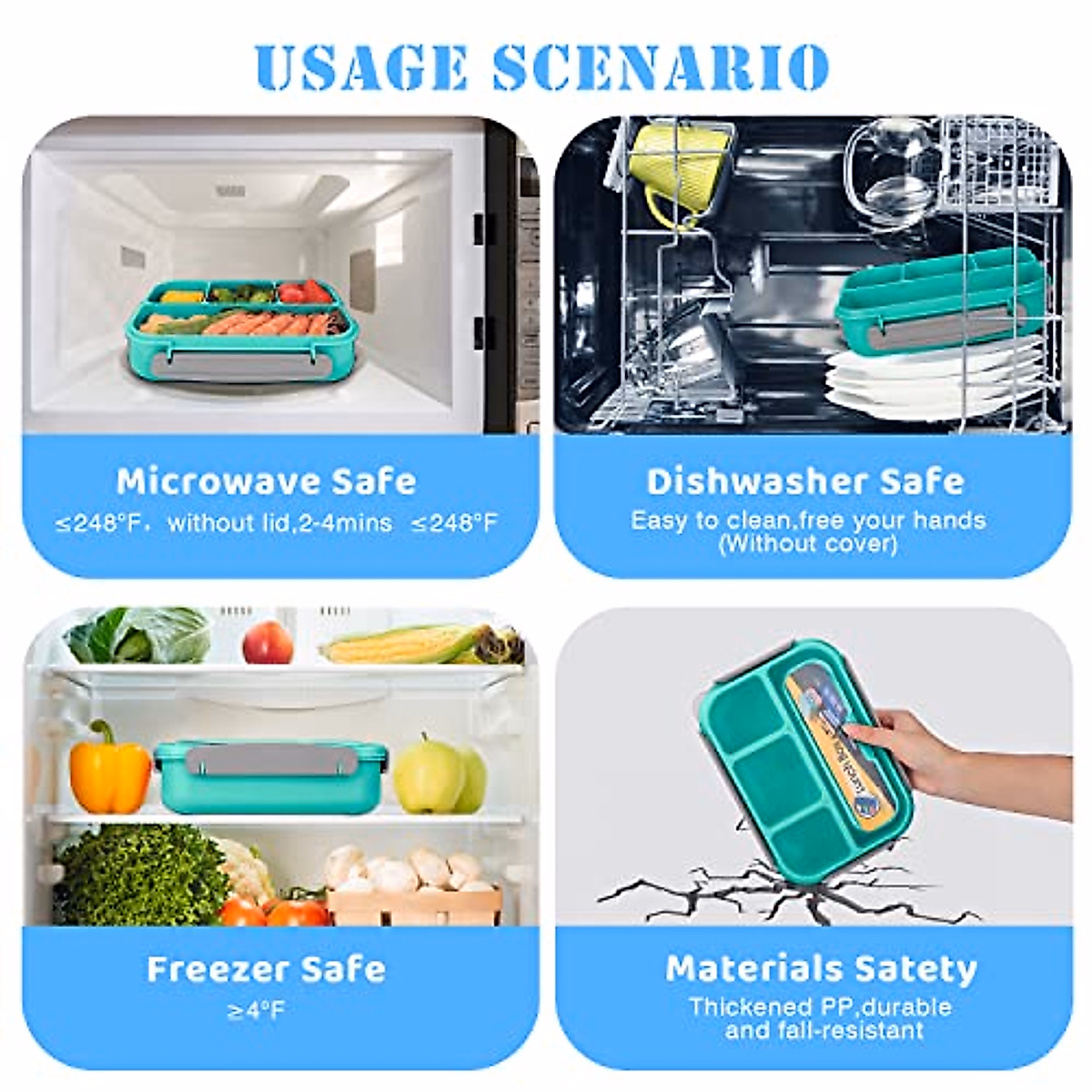 Bento Box, Lunch Box Containers for Toddler/Kids/Adults, 1300ml-4 Compartments&Fork, Leak-Proof, Microwave/Dishwasher/Freezer Safe, Bpa-Free(Green)