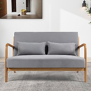 50" Loveseat Sofa Mid-Century Modern with Solid Wood Accent Chair with 2 Waist Pillows, Leisure 2 Person Couch Love seat for Living Room Office Bedroom Apartment Small Spaces, Light Gray