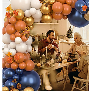Fall Balloon Arch Kit Navy Blue Orange Sand White Metallic Gold Balloons Garland Maple Leaves for Thanksgiving Birthday Baby Shower Wedding Party Decorations
